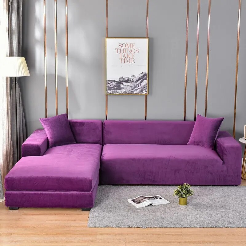 Velvet Purple Sofa Cover All-inclusive Elastic Sectional Couch Cover C ...