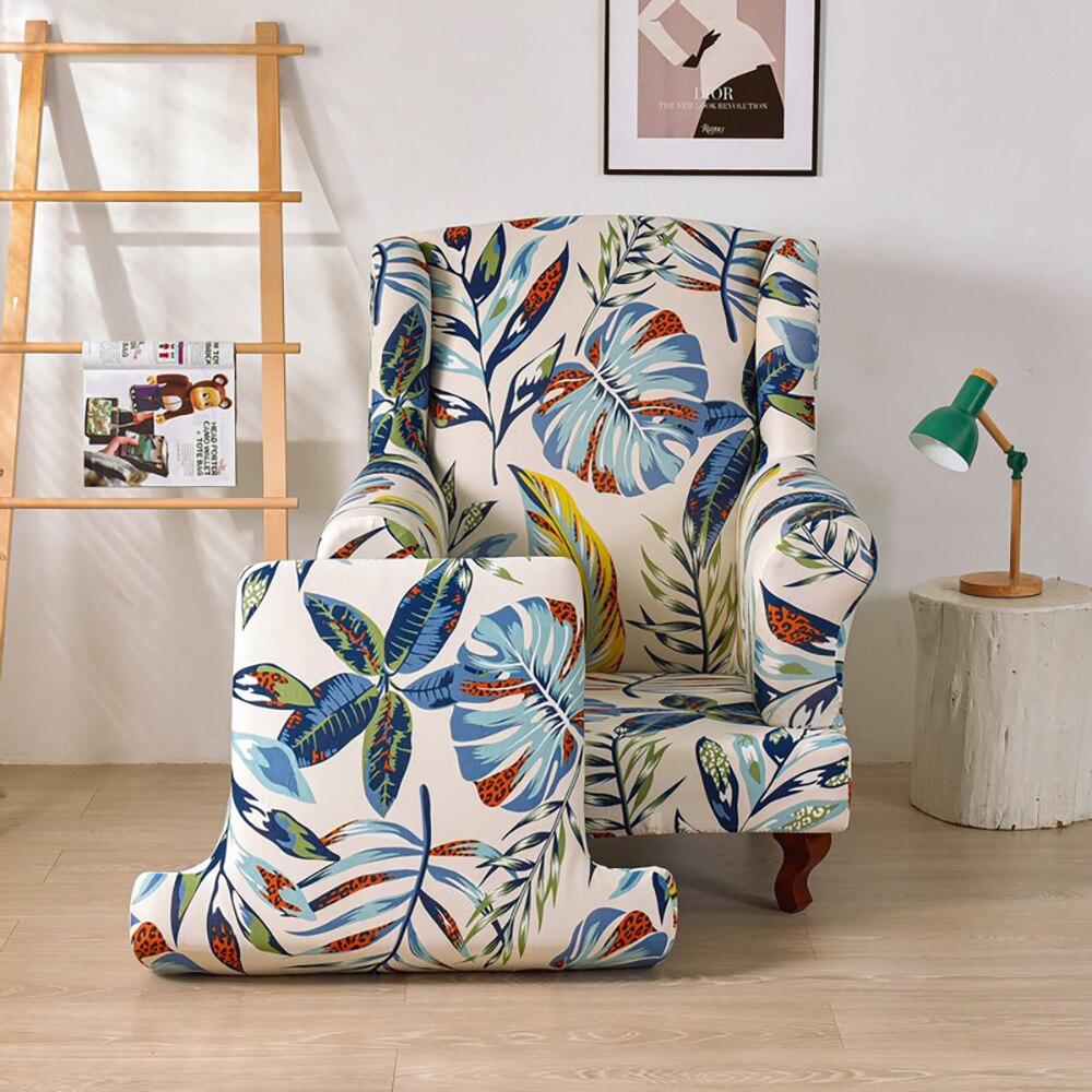 Tropical Leaves Printed Wing Back Chair Cover For Living Room Stretch ...